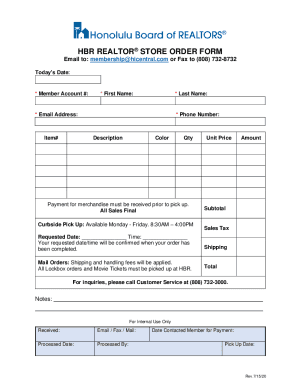 Fillable Online HBR REALTOR STORE ORDER FORM - hicentral.com Fax Email ...