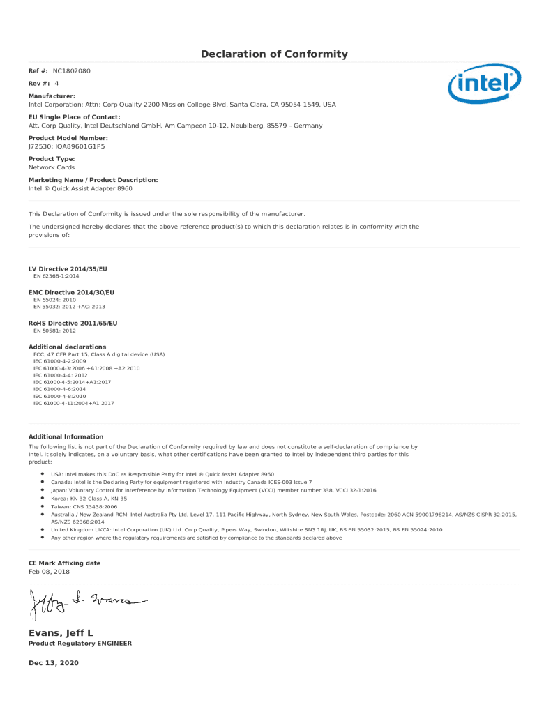 Fillable Online Declaration of Conformity - intel.com Fax Email Print - pdfFiller