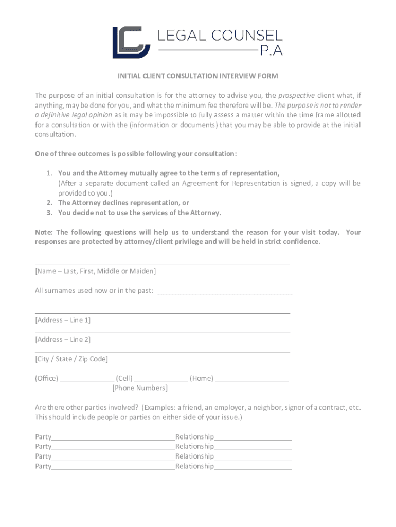 Fillable Online Initial Client Consultation Interview Form - Home Town ...