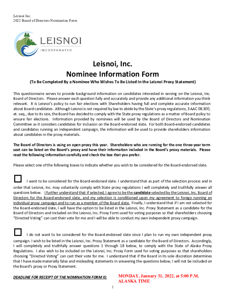 Fillable Online Fillable Online Nominee Information Form - Leisnoi, Inc ... Fax Email Print ...