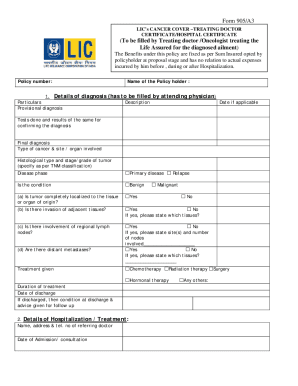 Fillable Online LICs CANCER COVER TREATING DOCTOR CERTIFICATE/HOSPITAL ...