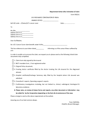 Fillable Online Requirement letter after intimation of claim Fax Email ...