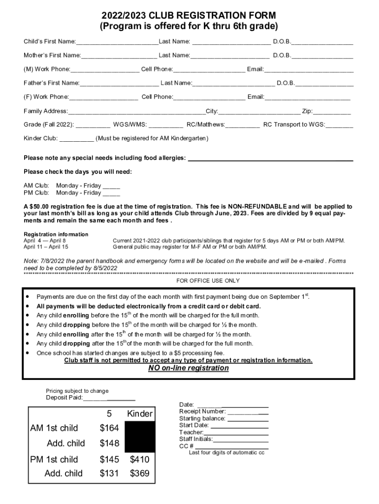 Fillable Online 2022/2023 CLUB REGISTRATION FORM (Program is offered ...