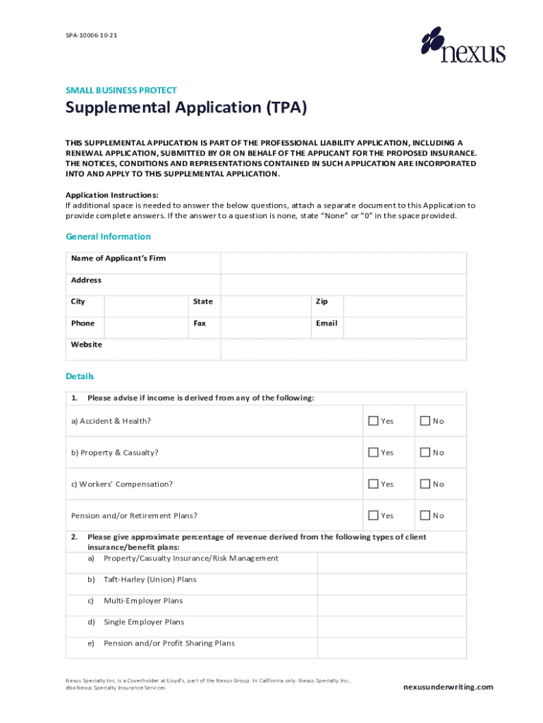 Fillable Online TPA SUPPLEMENTAL APPLICATION - Great American Insurance ...