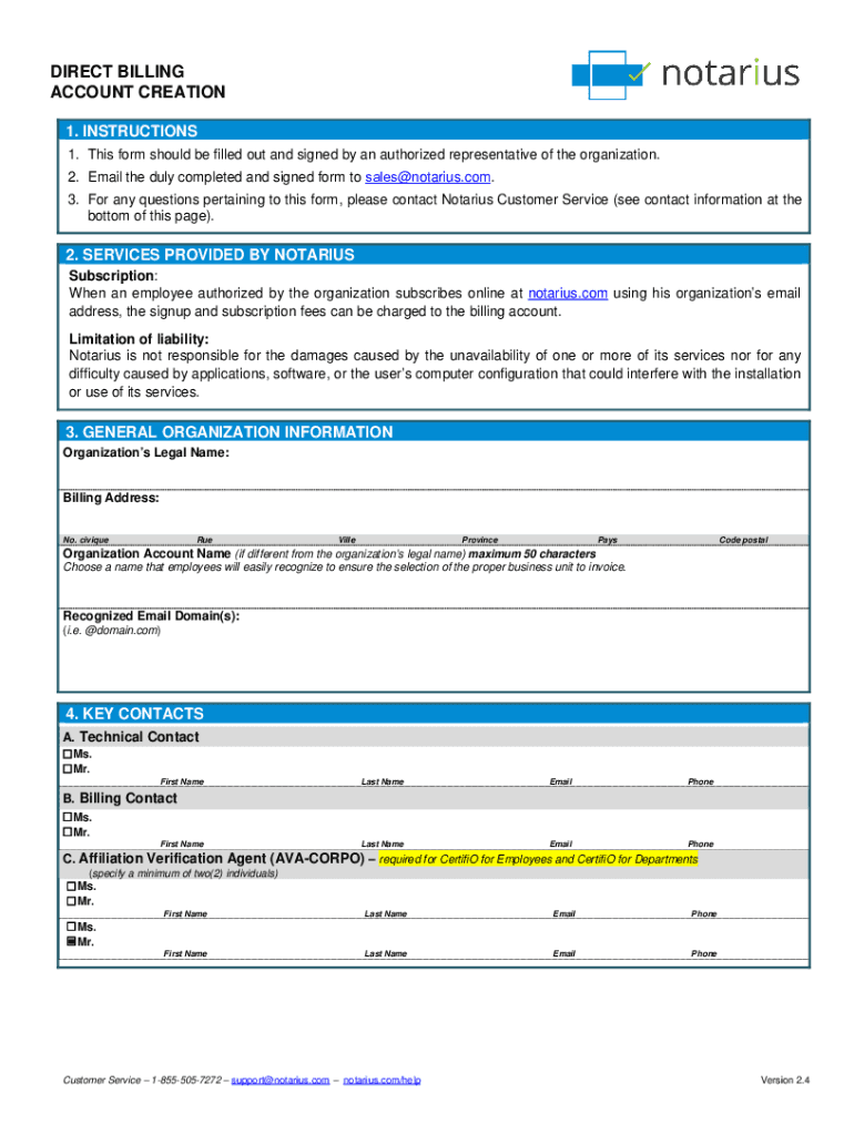 Fillable Online DIRECT BILLING ACCOUNT CREATION - staging.notarius.com ...