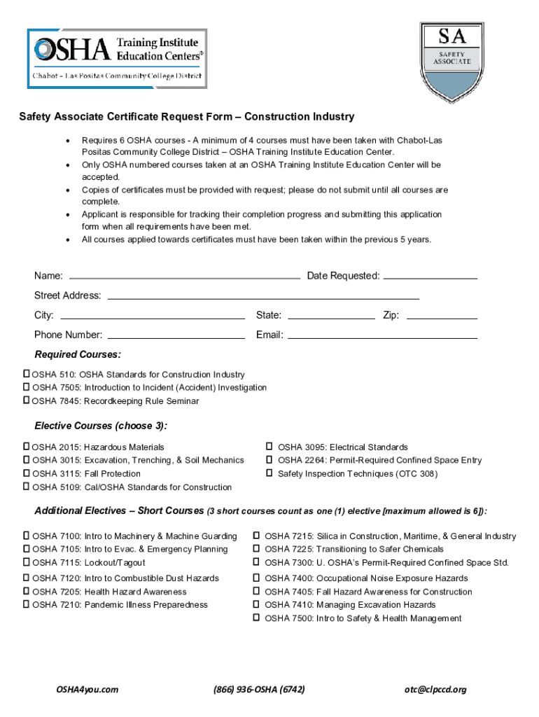 Fillable Online Safety Associate Certificate Request FormConstruction ...