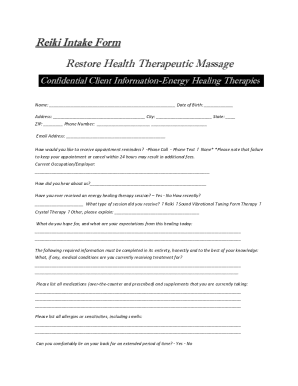 Fillable Online Reiki Intake Form Restore Health Therapeutic Massage ...
