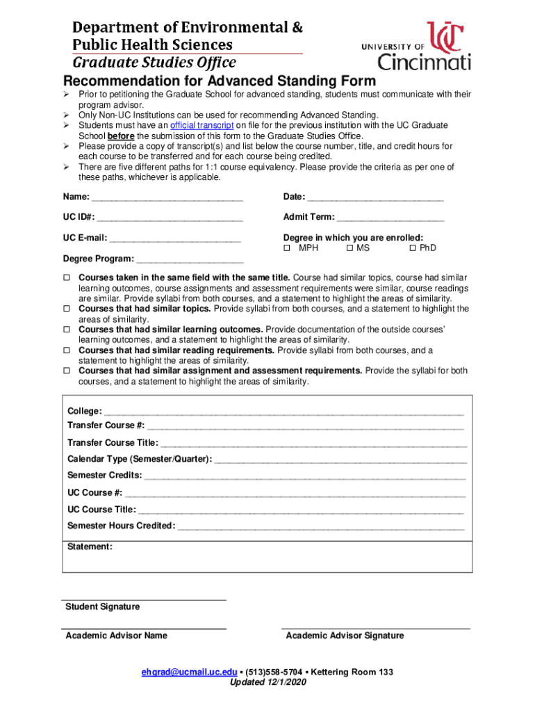 Fillable Online med uc Advanced Standing for Graduate Courses Taken ...