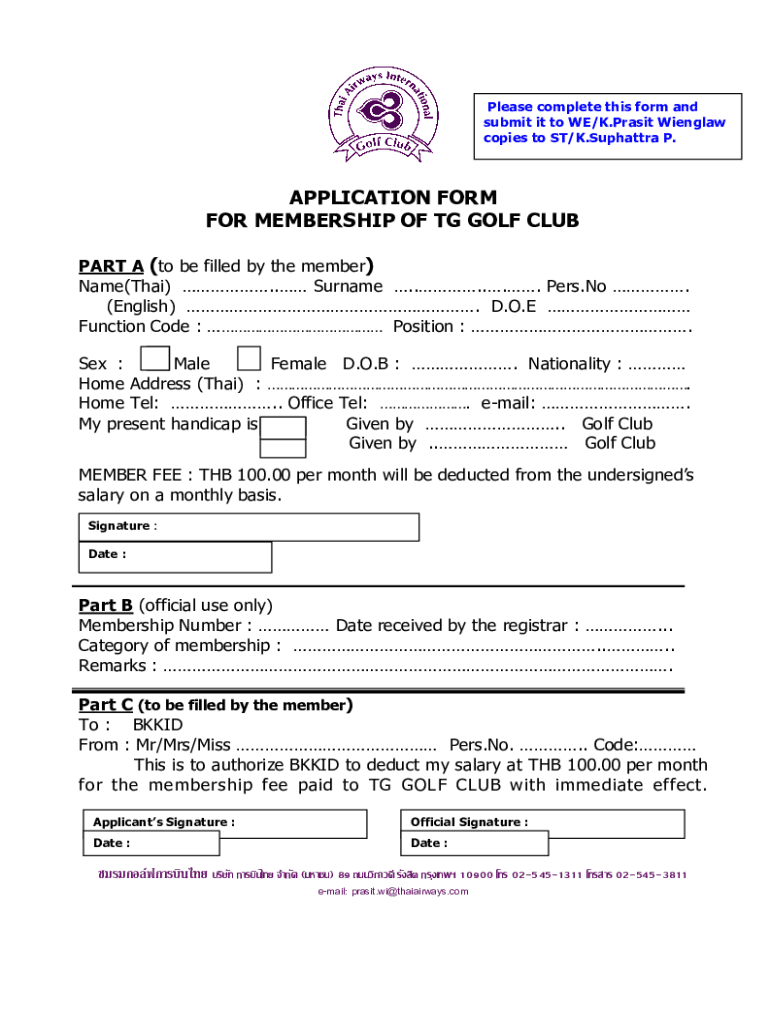 Fillable Online Application form TG Golf CLUB new member Fax Email ...