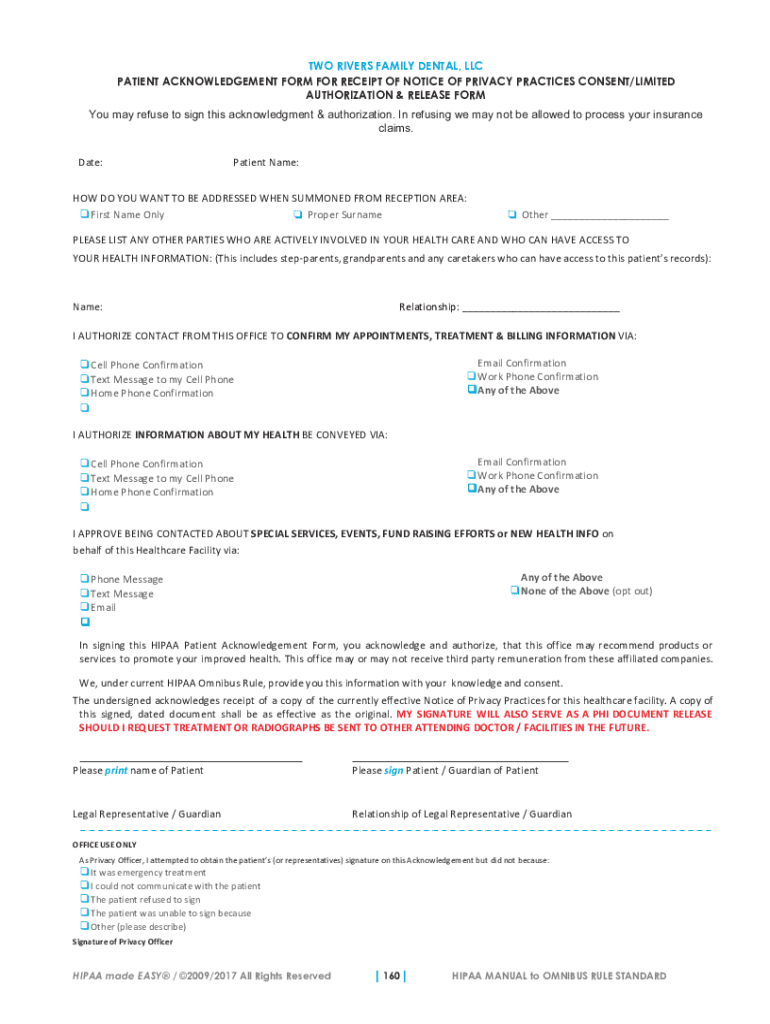 Fillable Online PATIENT ACKNOWLEDGEMENT OF RECEIPT OF NOTICE OR PRIVACY ...