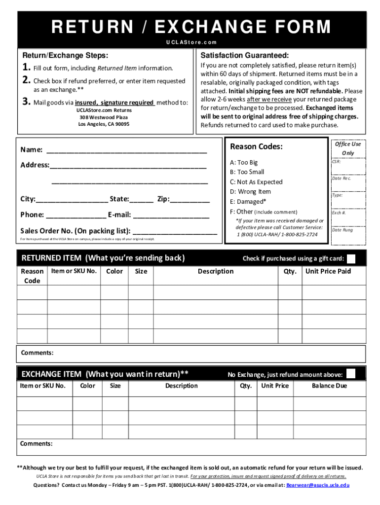 Fillable Online Fillable Online RETURN / EXCHANGE FORM FOR ITEMS ...