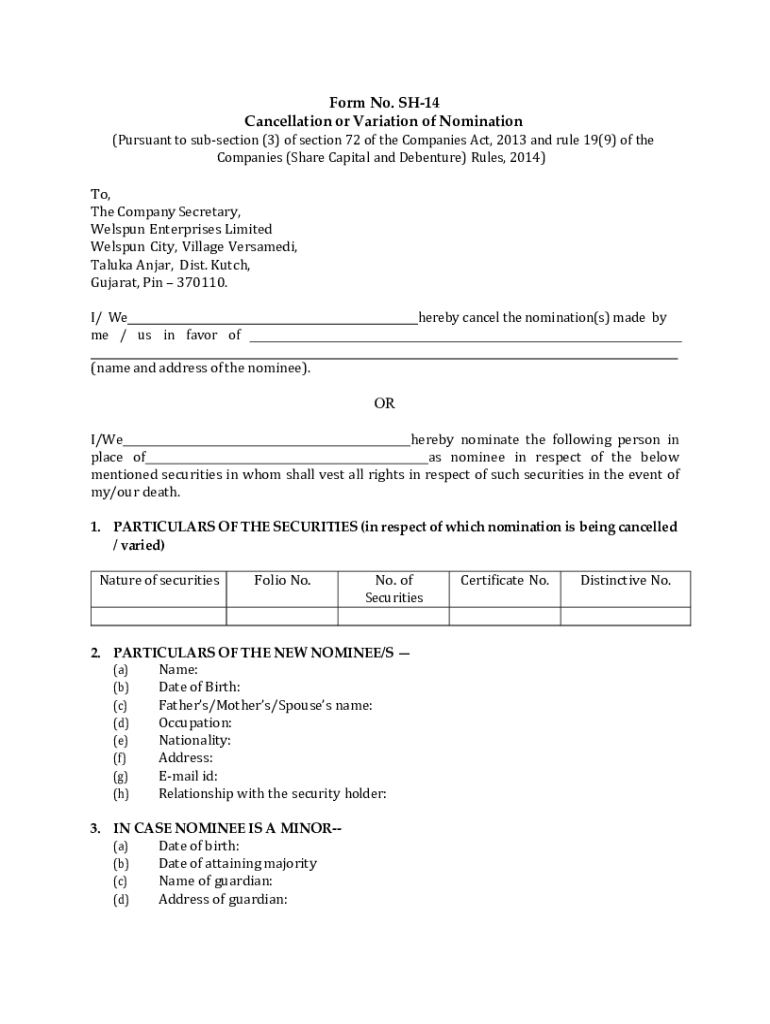 Fillable Online FORM NO. SH.14 Cancellation or Variation of Nomination ...