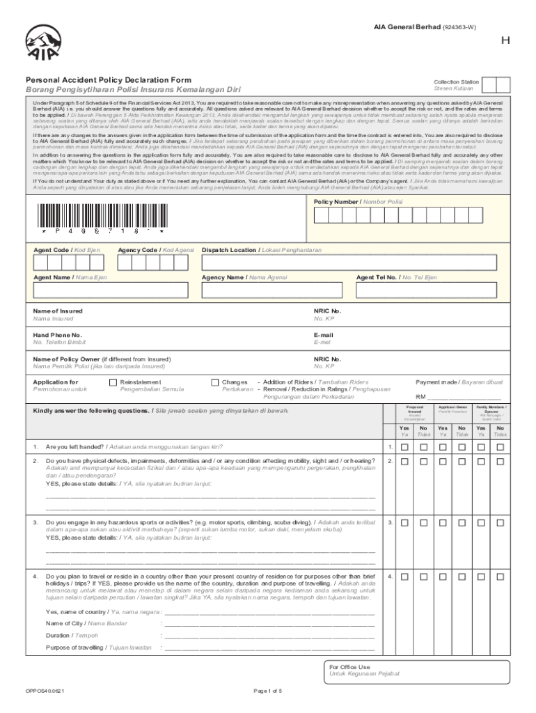 Fillable Online Fillable Online Personal Accident Policy Declaration ...