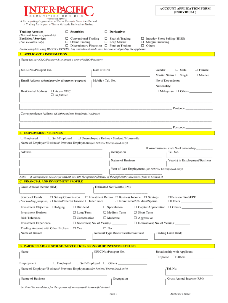 Fillable Online Fillable Online INDIVIDUAL/JOINT AccOUNT application ...