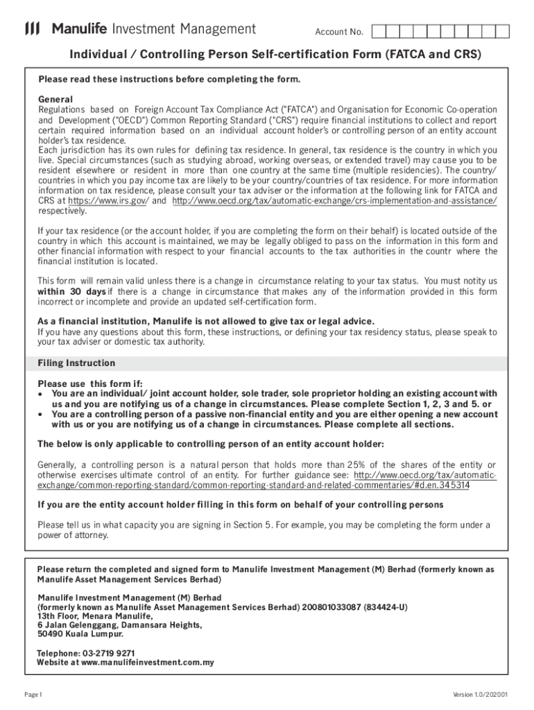 Fillable Online Individual / Controlling Person Self-certification Form ...