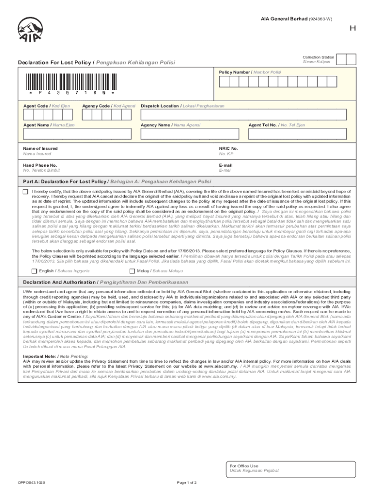 Fillable Online Declaration For Lost Policy Or Medical Card Replacement ...