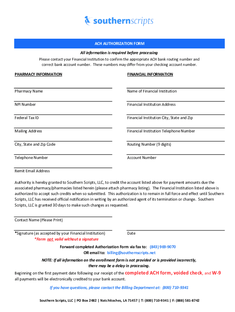 Fillable Online Southern Scripts, LLCPHARMACY ACH Form Template Rev OCT ...