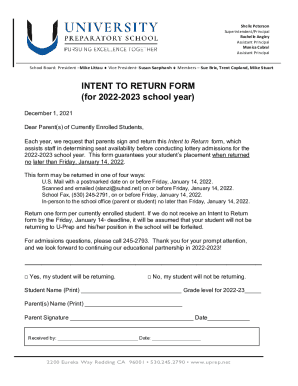 Fillable Online Fillable Online INTENT TO RETURN FORM 2018-2019 Fax ...