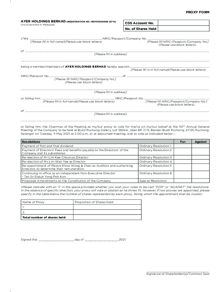 Fillable Online PROXY FORM AYER HOLDINGS BERHAD (REGISTRATION NO ...