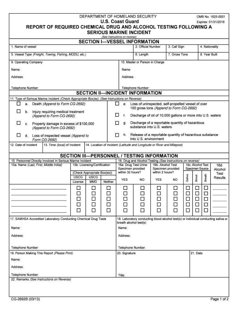 Fillable Online uscg Coast Guard Expires: 01/31/2016 REPORT OF REQUIRED ...