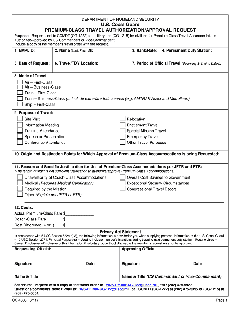 Fillable Online U.S. Coast Guard Premium-Class Travel Authorization ...