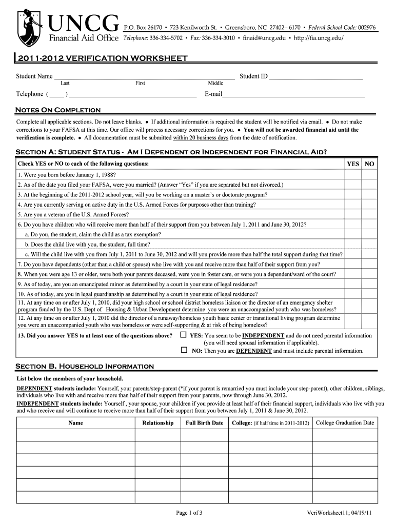 Fillable Online 2011-2012 Verification Worksheet Fax Email Print ...
