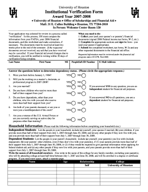 Fillable Online University of Houston Institutional Verification Form for Award Year 2007-2008 ...