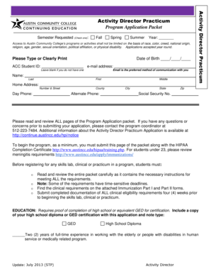 Fillable Online Activity Director Practicum Application Fax Email Print ...