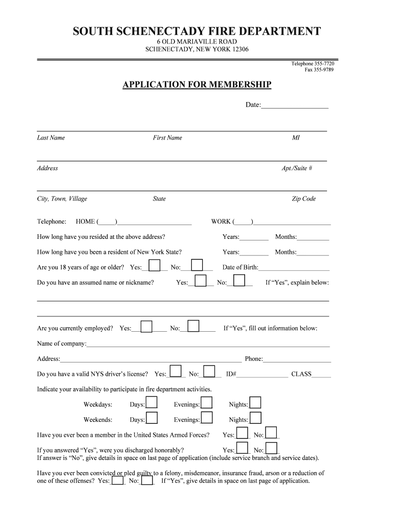 Fillable Online South Schenectady Fire Department Membership Application Fax Email Print - pdfFiller