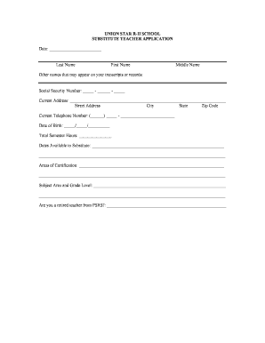 Fillable Online Union Star R-II School Substitute Teacher Application Fax Email Print - pdfFiller