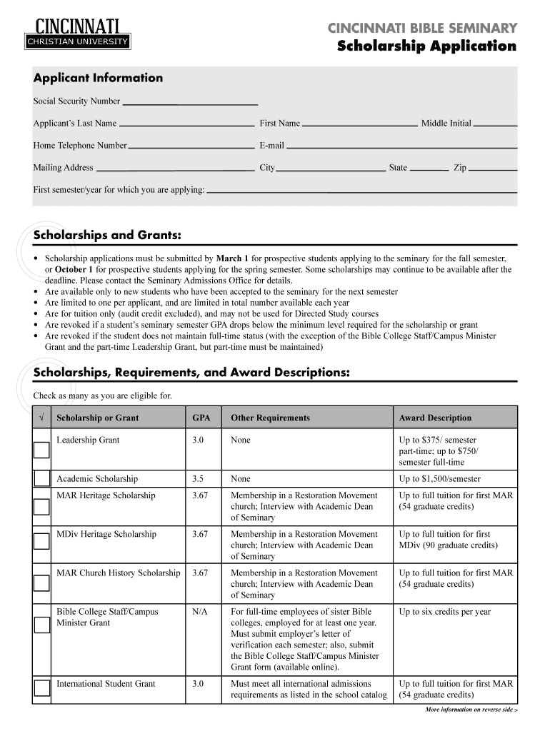 Fillable Online Cincinnati Bible Seminary Scholarship Application Fax ...