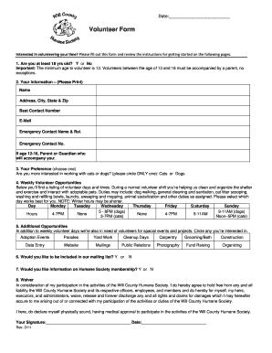 Fillable Online Volunteer Form for Will County Humane Society Fax Email ...