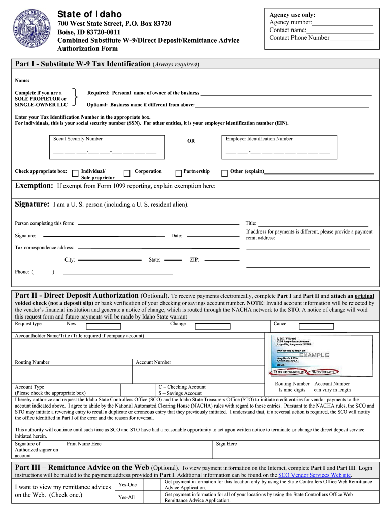 ID Combined Substitute W 9 Direct Deposit Remittance Advice