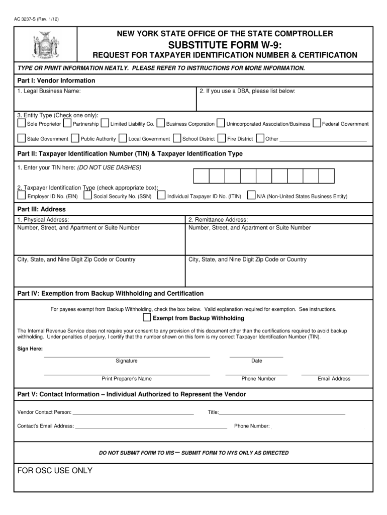 NY Substitute Form W 9 2012 Fill Out Tax Template Online US Legal Forms