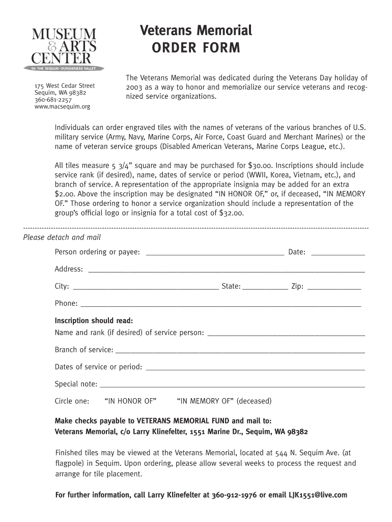 Fillable Online Veterans Memorial Order Form Fax Email Print - pdfFiller
