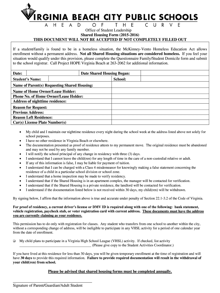 Fillable Online Shared Housing Form (2015-2016) Fax Email Print - pdfFiller
