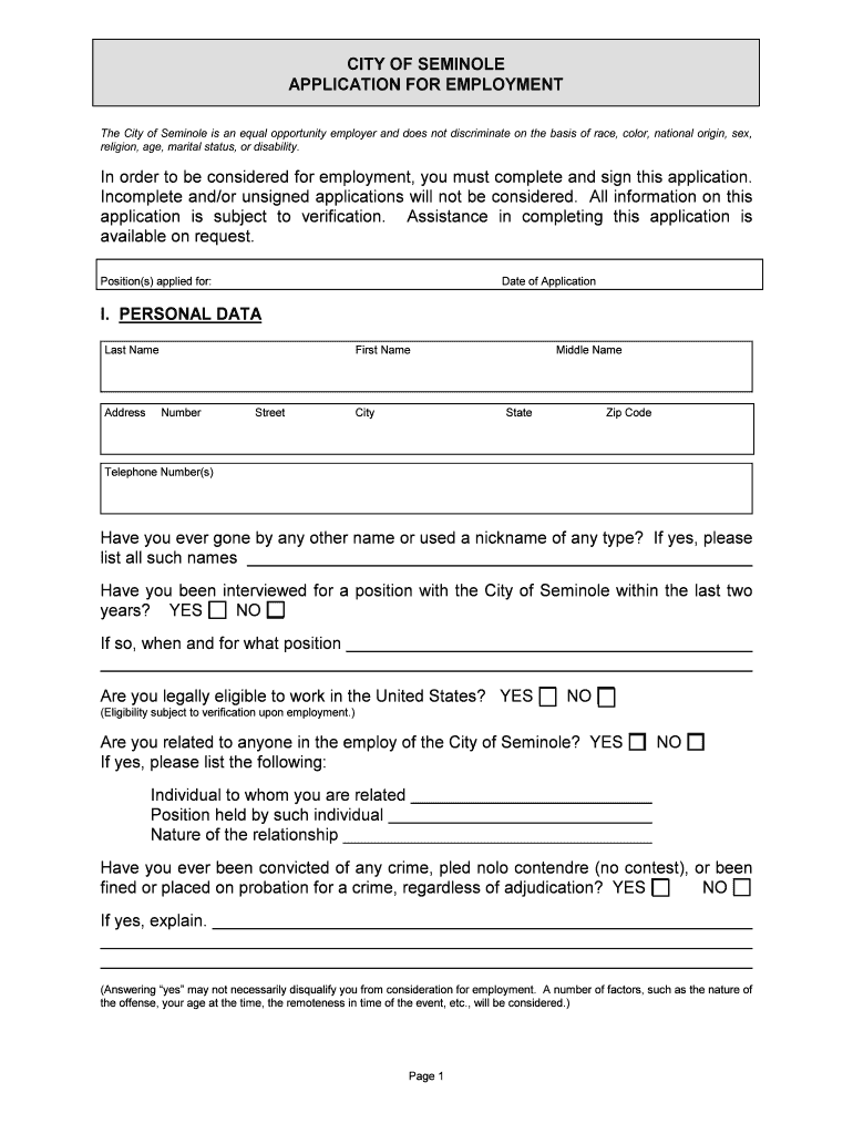 Fillable Online CITY OF SEMINOLE APPLICATION FOR EMPLOYMENT Fax Email ...