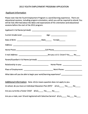 Fillable Online SUMMER YOUTH EMPLOYMENT APPLICATION Fax Email Print ...