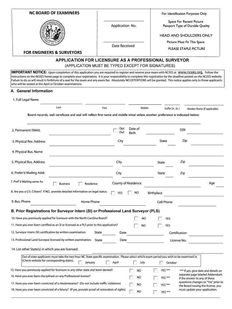 Fillable Online NC BOARD OF EXAMINERS - Application for Licensure Fax ...