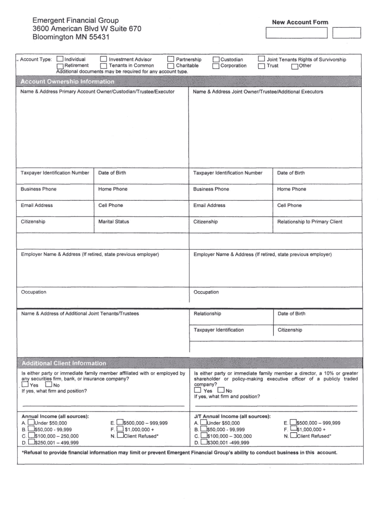 Fillable Online Emergent Financial Group New Account Form Fax Email ...