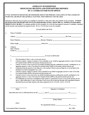 Fillable Online ethics ks Affidavit of Exemption From Filing Receipts ...