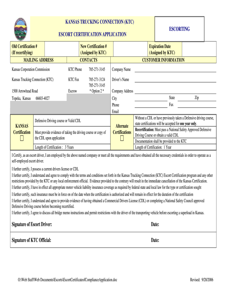 KS KTC Escort Certification Application 2006 - Fill and Sign Printable ...