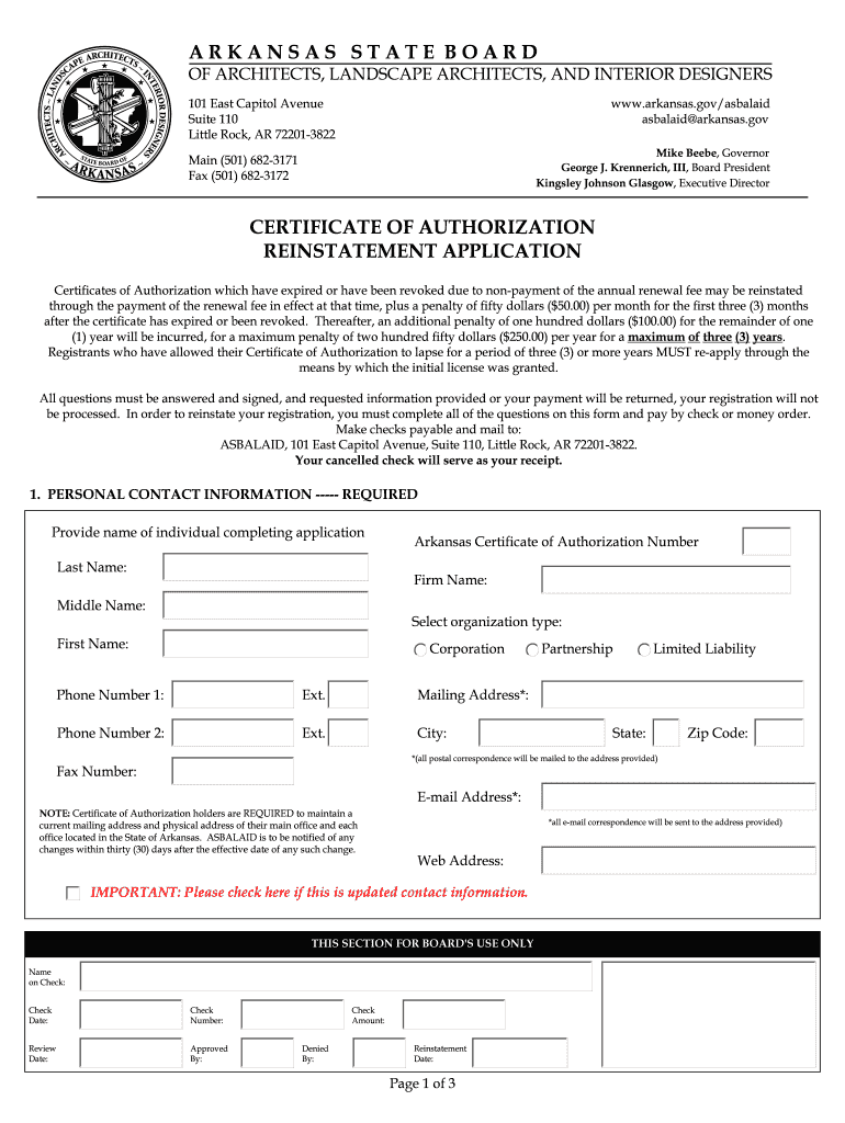 Fillable Online Certificate of Authorization Reinstatement Application Fax Email Print - pdfFiller