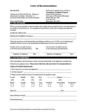 Fillable Online www4 uwm Letter of Recommendation - University of ...