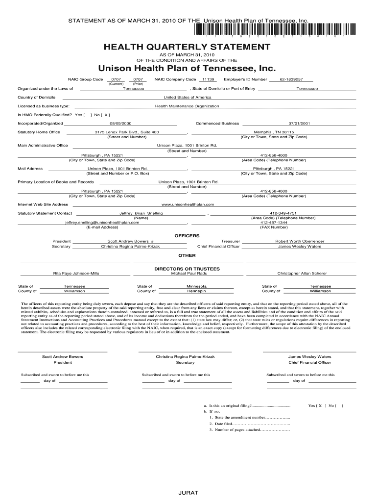 HEALTH QUARTERLY STATEMENT Unison Health Plan of - insurance arkansas ...