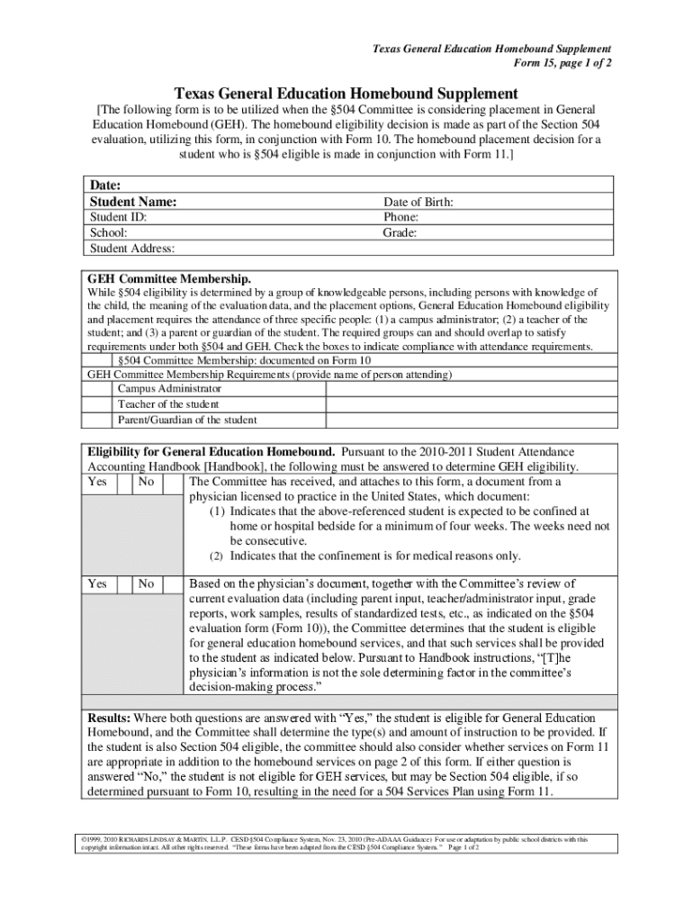 Texas General Education Homebound Supplement Form 15 - Blank Fillable ...
