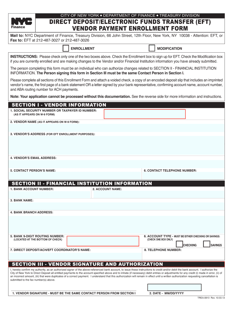 Fillable Online DIRECT DEPOSIT/ELECTRONIC FUNDS TRANSFER (EFT) VENDOR ...