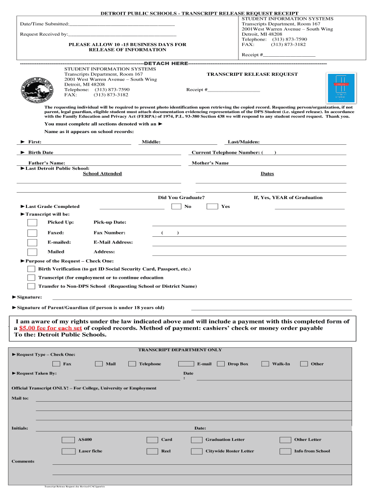 2015 MI DPSCD Transcript Release Re Form Fill Online Printable 