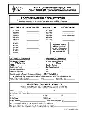 Fillable Online arrl Restock Materials Form 2011 - ARRL - arrl Fax ...