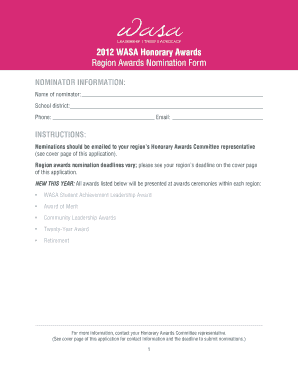 Fillable Online 2012 WASA Honorary Awards Region Awards Nomination Form ...